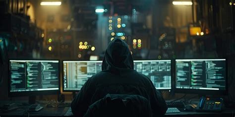 hacker in dark hoodie monitoring multiple computer screens in a dimly
