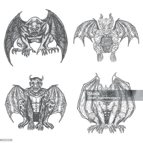 신화적인 고대 가고일 생물 박쥐 날개와 뿔을 가진 키메라와 같은 인간과 드래곤의 세트 송곳니와 발톱이 있는 신화적인 가구이 손으로 그린 스케치가 새겨져 있습니다 벡터 가공의