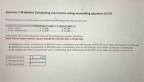 Exercise Static Computing Net Income Using Accounting Equation LO P Shep Company S
