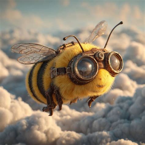 Whimsical Cartoon Bee With Aviator Goggles Flying Above Clouds Stock