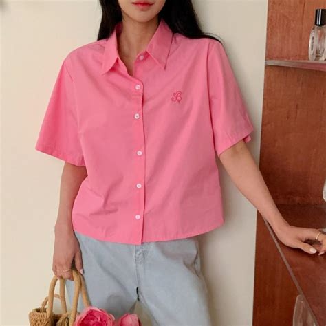 살롱드쥬 여름 바스락 크롭 숏 소라색셔츠 핑크셔츠 여성화이트셔츠 면남방