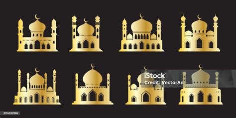 벡터 이슬람 사원 황금 실루엣 세트입니다 라마단 무슬림 아이콘 컬렉션이 분리되어 있습니다 아라비아 모스크 건물은 첨탑이 있는 모양입니다 이드 알피트르 그림 0명에 대한 스톡