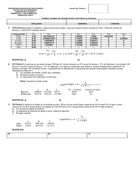 Examen Operaciones Unitarias Iii Pdf Destilación Agua