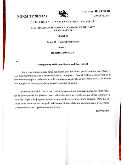 Csec 2021 Oral Readingand Conversation Questions Pdf