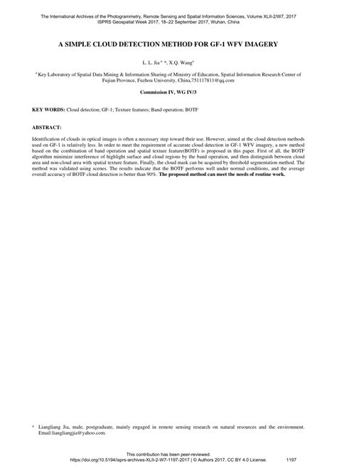 Pdf A Simple Cloud Detection Method For Gf 1 Wfv Imagery