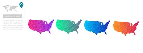 벡터 다각형 미국 지도의 집합입니다 낮은 폴리 스타일의 국가의 밝은 그라데이션 지도 인포그래픽을 위한 기하학적 스타일의 여러 가지 빛깔의 국가 지도 당신을 위한 다각형
