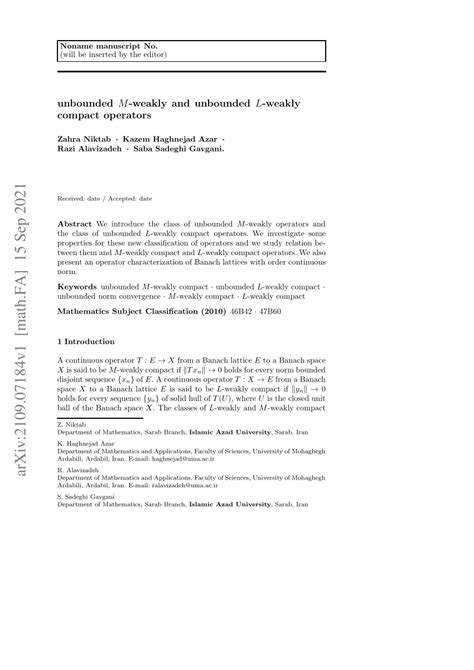 Pdf Unbounded M Weakly And Unbounded L Weakly Compact Operators