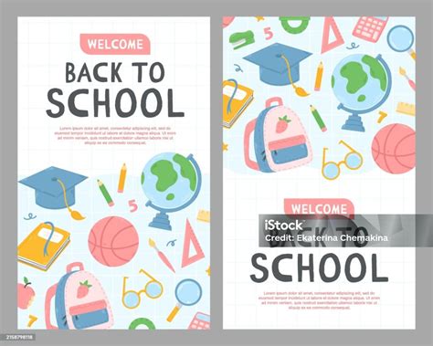 배경에 학교 용품이 있는 배너 또는 포스터 템플릿의 학교로 돌아가기 세트입니다 학교 개념 벡터 일러스트 레이 션 가위에 대한