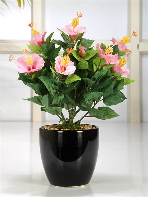Buy Fourwalls Green And Pink Artificial Hibiscus Flower Plant With