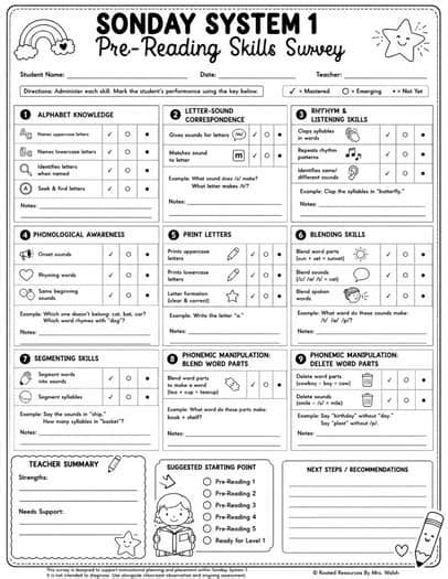 Sonday System 1 Pre Reading Skills Survey And Placement Screener Og Aligned
