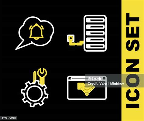 라인 서버 인터넷 연결 없음 기어에 렌치 및 드라이버 말풍선 채팅 알림 아이콘을 설정합니다 벡터 Brand Name Online Messaging Platform에 대한