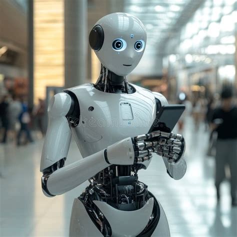 Advanced Humanoid Robot Using Smartphone In Modern Office Futuristic