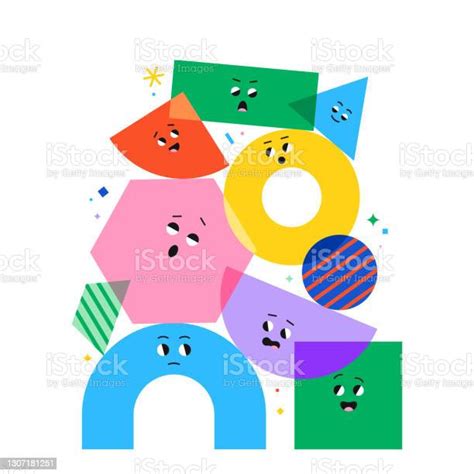 다른 얼굴 감정 아이들을위한 재미있는 포스터 아이디어와 귀여운 만화 기하학적 인물 다채로운 캐릭터 트렌디 한 벡터 일러스트레이션 어린이 교육을위한 기본 다양한 인물 0명에