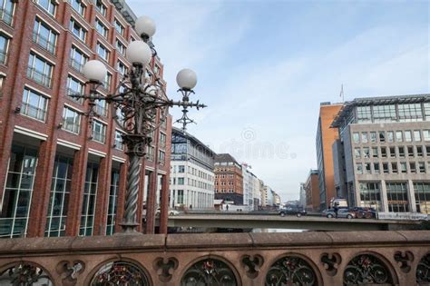 Hamburg Street View With Facades Of Houses And Vintage Street Light