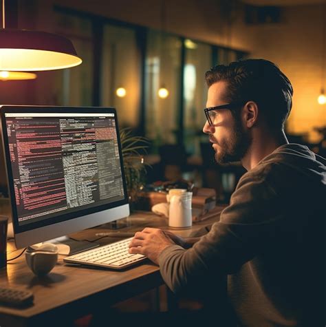 Premium Photo A Man Sits At A Desk With A Laptop And A Monitor