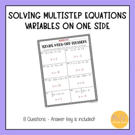 Solving Multi Step Equations Variables On One Side Worksheet Pre Algebra Free
