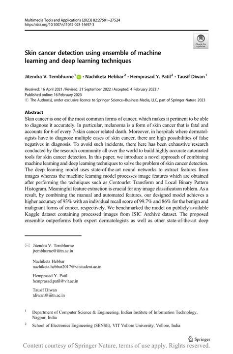 Skin Cancer Detection Using Ensemble Of Machine Learning And Deep Learning Techniques Request PDF