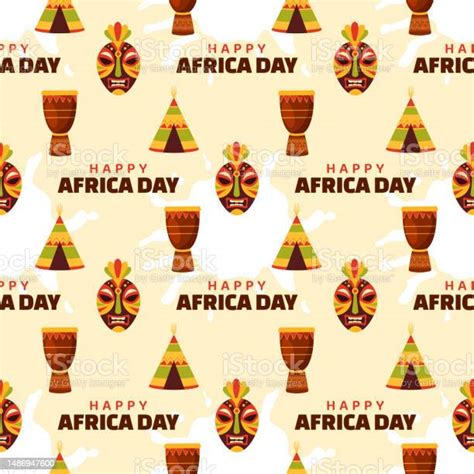해피 아프리카의 날 문화와 원활한 패턴 디자인 아프리카 부족 인물 템플릿 장식 손으로 그린 만화 플랫 랜딩 페이지 일러스트레이션