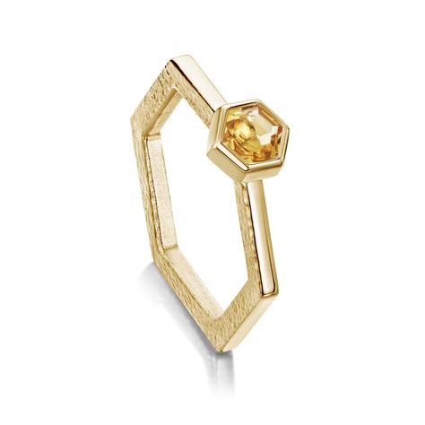 Honeycomb Hexagon Ring With 5mm Citrine In 9ct Yellow Gold Honeycomb