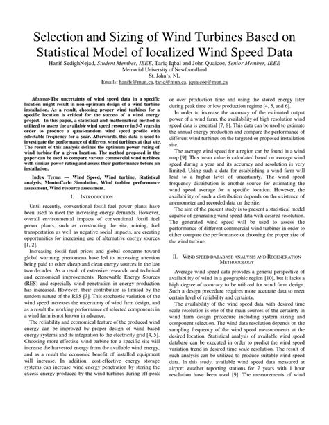 PDF Selection And Sizing Of Wind Turbines Based On Statistical Model Of Localized Wind Speed Data