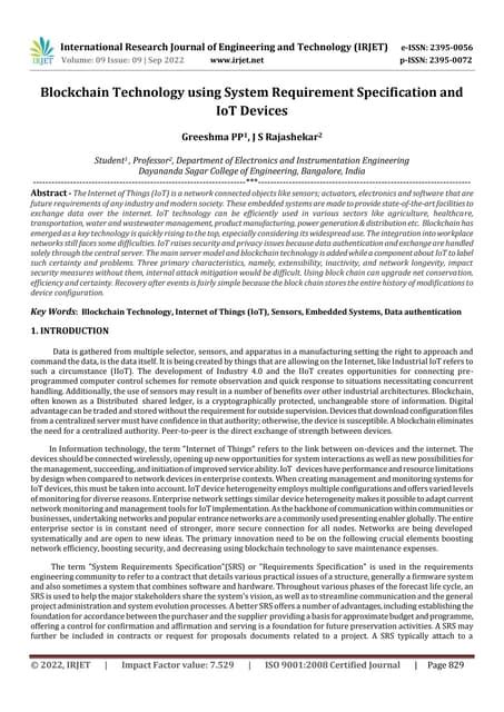 Blockchain Technology Using System Requirement Specification And Iot