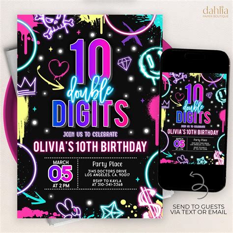 Hello Double Digits Birthday Invitation Editable Neon Glow Party Invite Peace Out Single