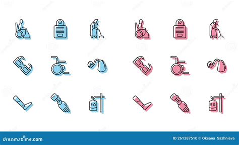 Set Line Prosthesis Leg Hand Woman In Wheelchair Iv Bag Wheelchair Hearing Aid Eyeglasses