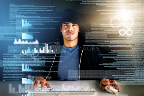 Man Hacker And Malware Hologram With Code And Virus Installation For Firewall Bypass And Hub