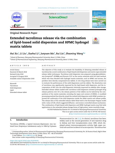 Pdf Extended Tacrolimus Release Via The Combination Of Lipid Based Solid Dispersion And Hpmc