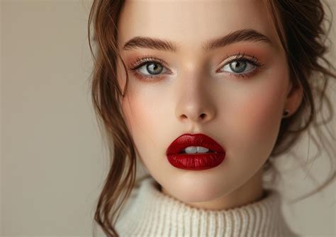 Beautiful Girl With Red Lips And Classic Makeup With Lipstick In Hand