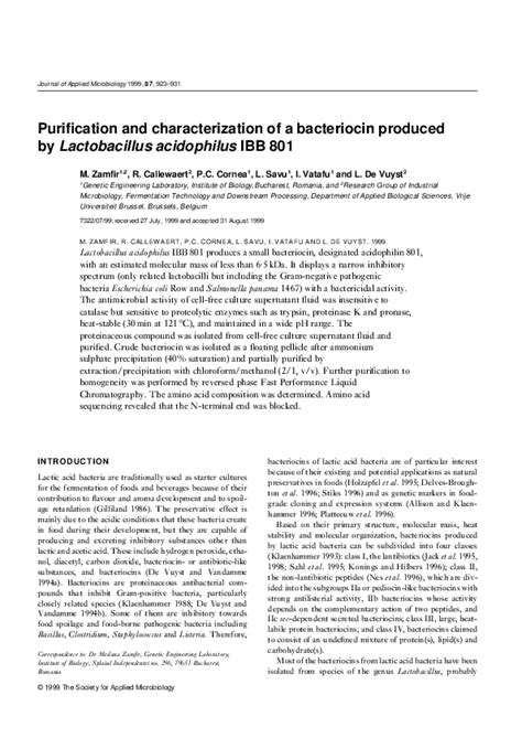 Pdf Purification And Characterization Of A Bacteriocin Produced By Lactobacillus Acidophilus