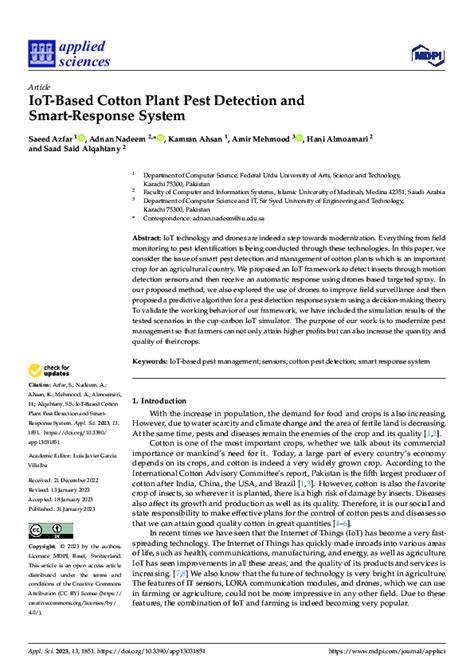 Pdf Iot Based Cotton Plant Pest Detection And Smart Response System