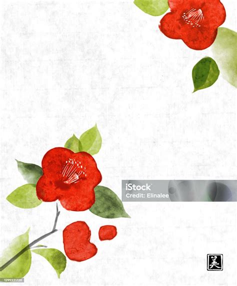 빈티지 쌀 종이 배경에 붉은 카멜리아 꽃 일본의 전통 잉크 워시 페인팅 스미e 상형 문자의 번역 아름다움 0명에 대한 스톡 벡터