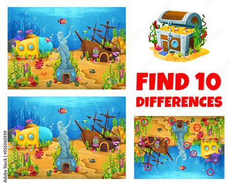find ten differences quiz underwater landscape with sunken ships