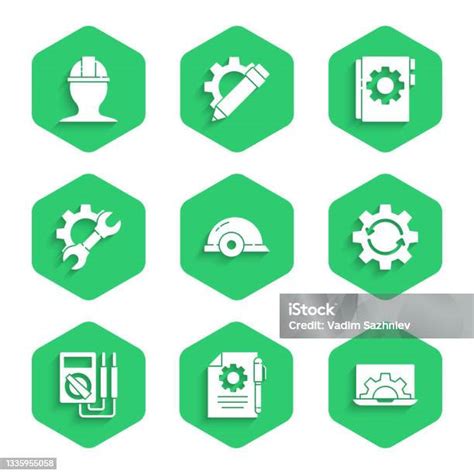 작업자 안전 헬멧 문서 설정 및 펜 노트북 기어 기어 화살표를 워크플로우 멀티미터 렌치 스패너 사용자 설명서 및 아이콘으로 설정합니다 벡터 건설 산업에 대한 스톡 벡터 아트