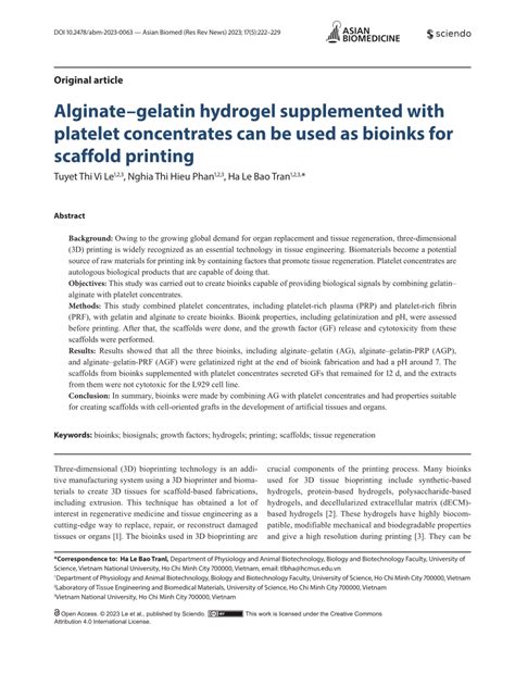 Pdf Alginategelatin Hydrogel Supplemented With Platelet Concentrates Can Be Used As Bioinks