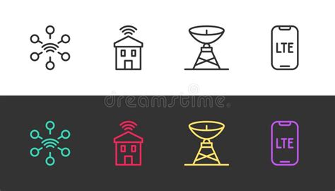 Set Line Network Smart Home With Wi Fi Satellite Dish And LTE Network On Black And White