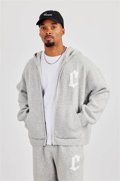 Mens C Knitted Zip Through Hoodie Grey Mens Knitwear Shop
