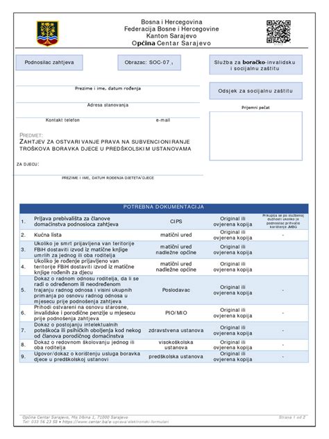 Obrazac Soc 07 Subvencioniranje Troskova Boravka Djece U Predskolskim Ustanovama Pdf