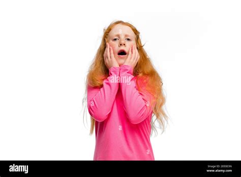 Frightened Shocked Happy Smiley Redhair Girl Isolated On White
