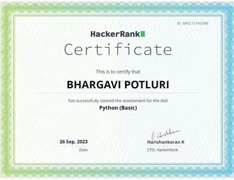 Completion Of Python Basic Certificate On Hackerrank Bhargavi Potluri