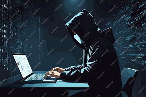 Cyber Hacker In Dark Hoodie Working On Laptop Premium Ai Generated Vector