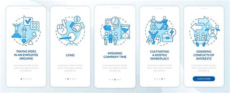 Blue Onboarding Mobile App Screen Displaying Unethical Conduct In The Workplace Vector App