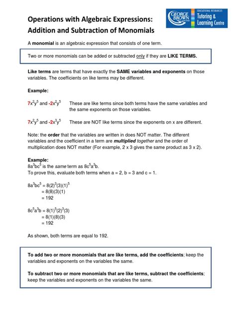Operations With Algebraic Expressions Addition And Subtraction Of