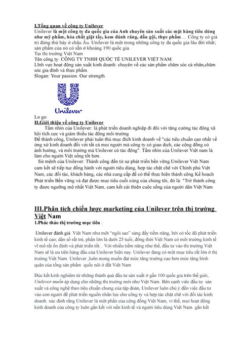 PHÂN TÍCH CHIẾN LƯỢC MKT CỦA Unilever KHI THÂM NHẬP THỊ TRƯỜNG MỸ Iổng quan về công ty