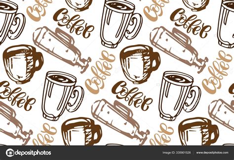 Cute Hand Drawn Doodle Pattern Background Coffee Cup Time Coffee Stock