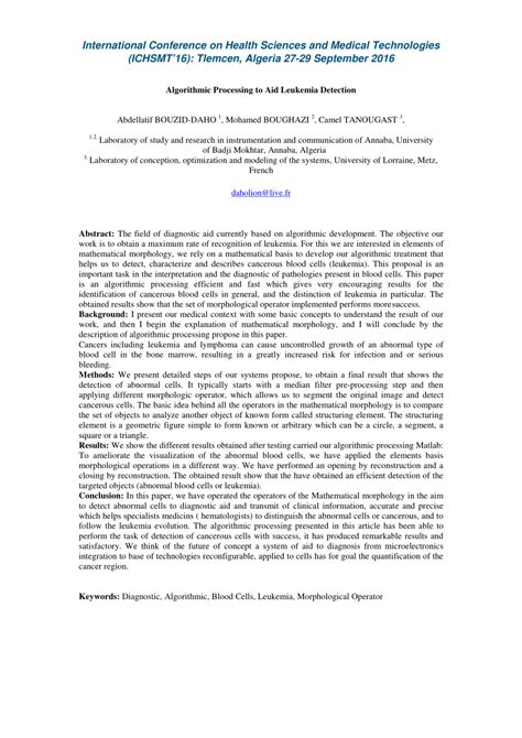 Pdf Algorithmic Processing To Aid Leukemia Detection