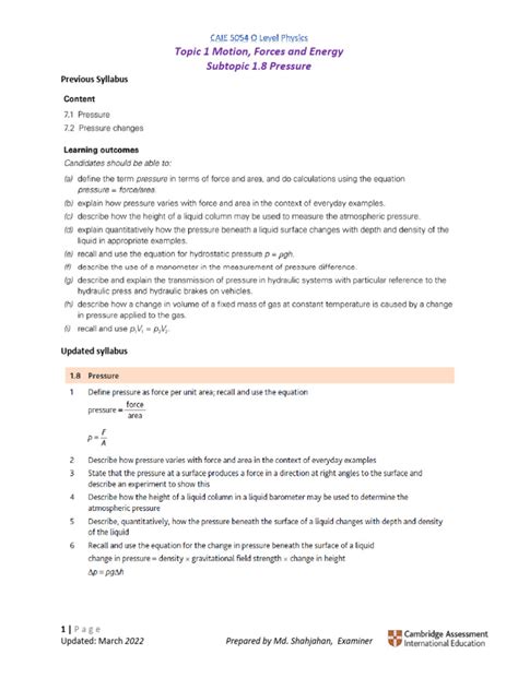 18 Notes On Subtopic Pressure 5054 O Level Physics Pdf Pressure