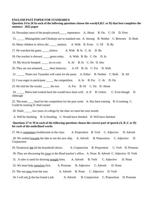 Standard 8 English Past Paper 2022 Pdf Adverb Adjective