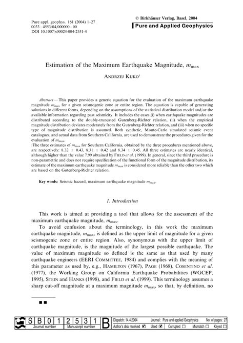 Pdf Estimation Of The Maximum Earthquake Magnitudemmax